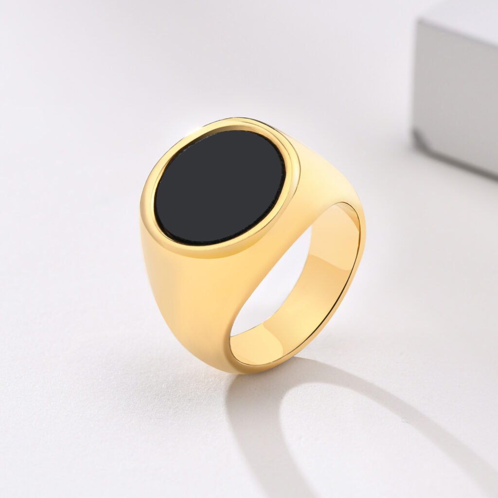 WMR-153 – Black Stone – Gold Stainless Steel Men Ring – Wearable